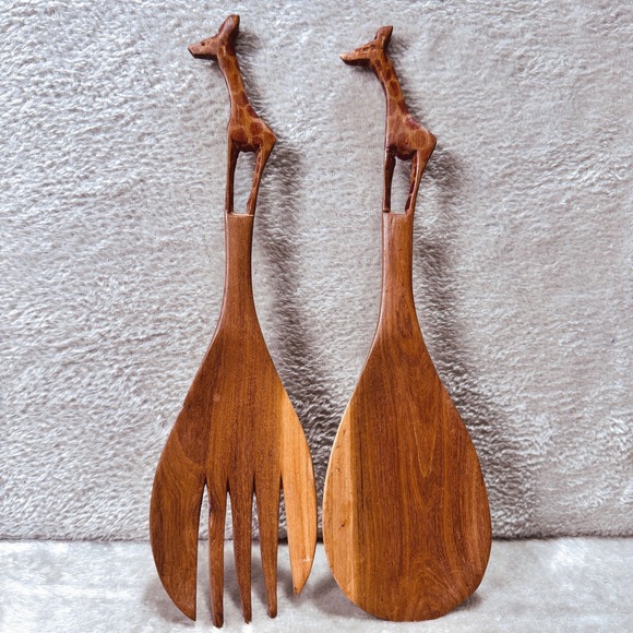 Dining | Vintage Wooden Salad Servers Giraffe Safari Handle Carved Wood ...
